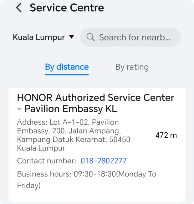 Help you quickly find nearest HONOR Authorised Service Center
