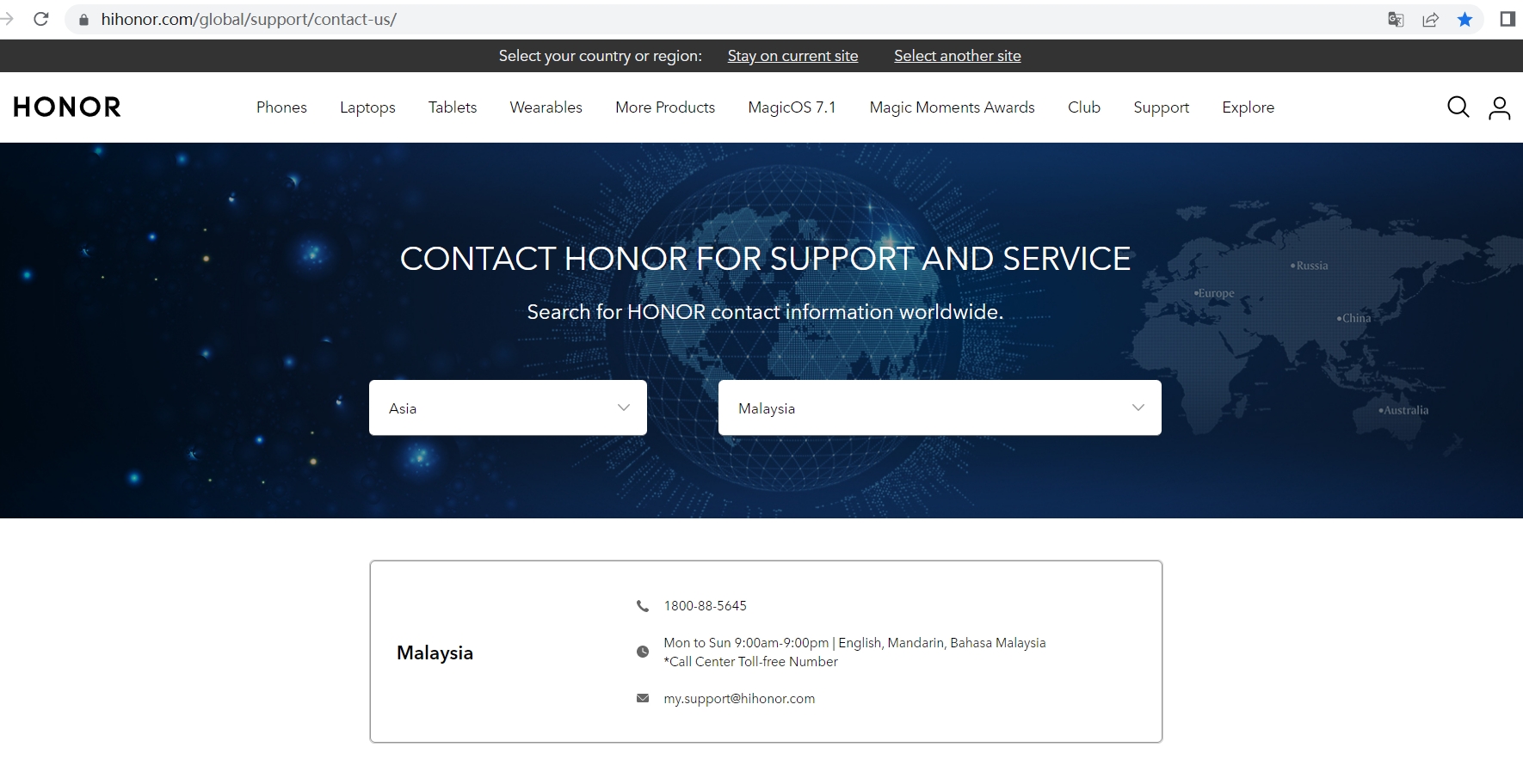 How to contact overseas HONOR for more support and service?